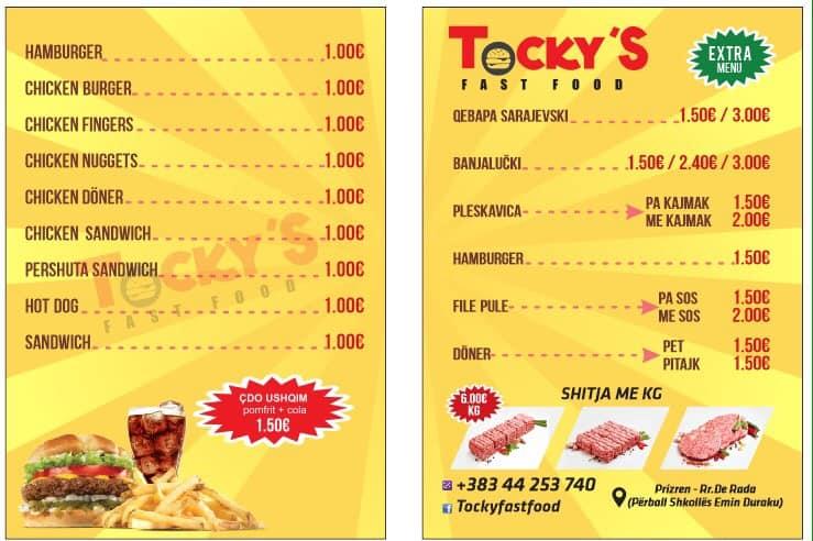 Menu at Tocky's Fast Food, Prizren