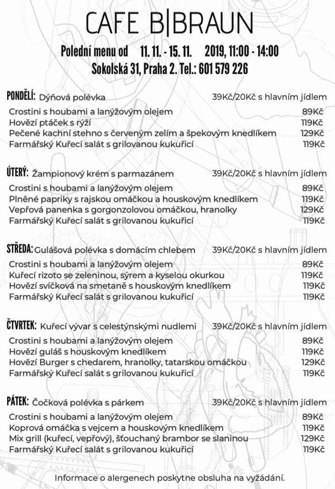 Menu at Café B Braun cafe, Prague