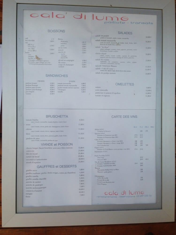Menu at Cala di lume cafe, Porto-Vecchio, Stretta Funtana Nova