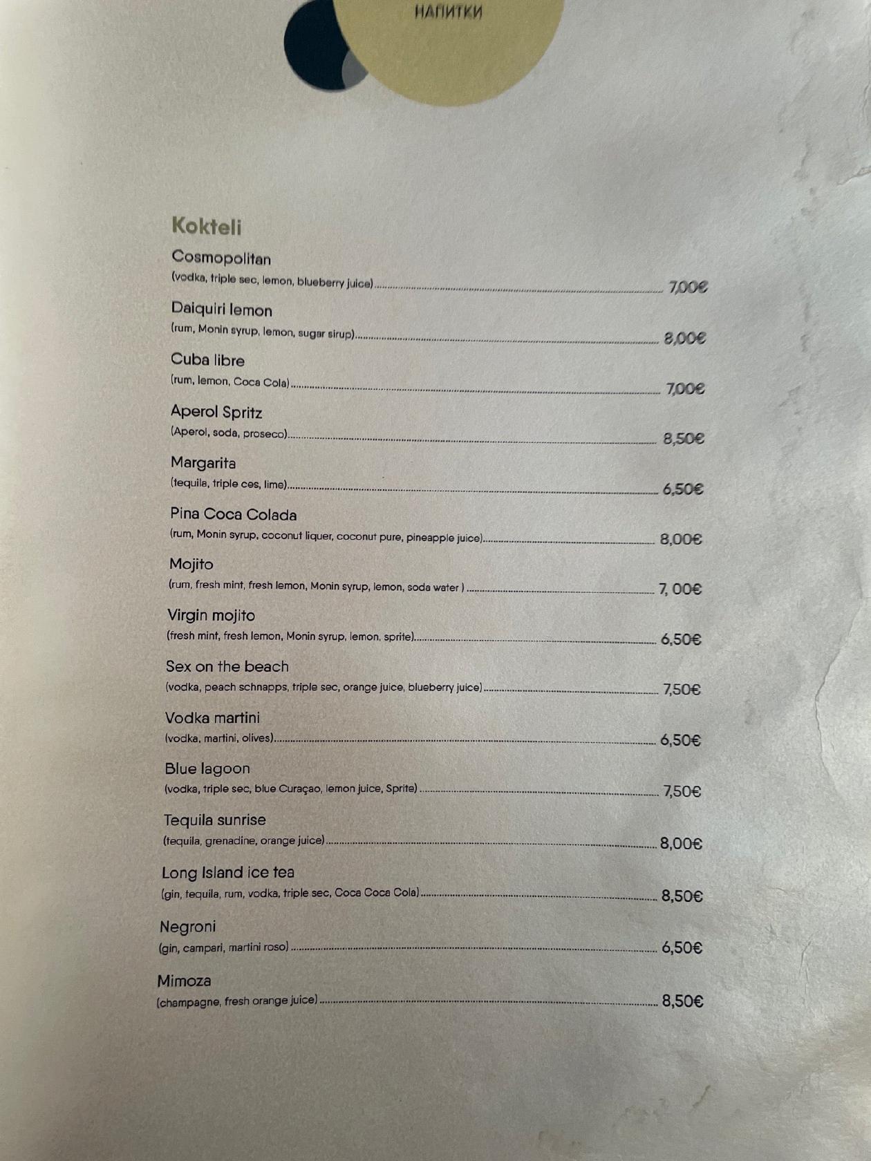 Menu at Little Bay restaurant, Dobrota