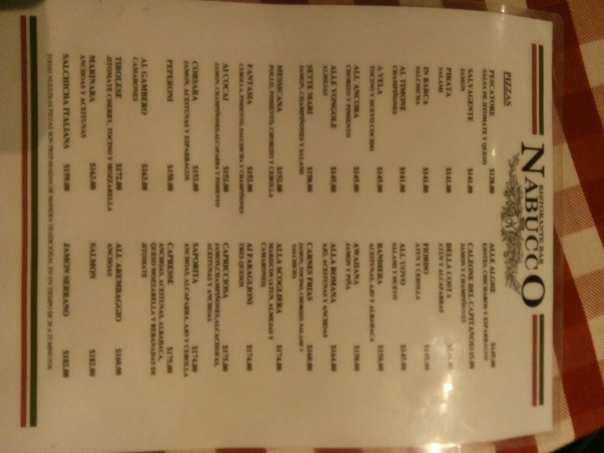 Menu at Nabucco El Refugio restaurant, Santiago de Querétaro