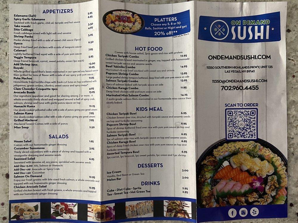 Menu at On Demand Sushi Southern Highlands restaurant, Las Vegas