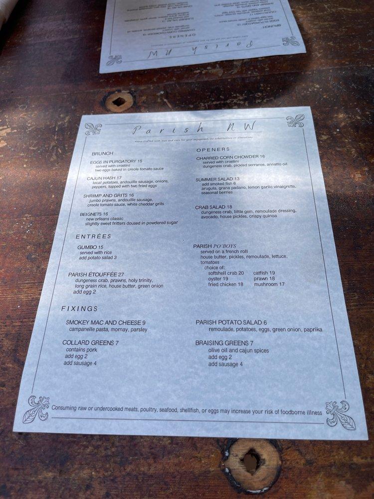 Menu at Parish NW restaurant, Seattle