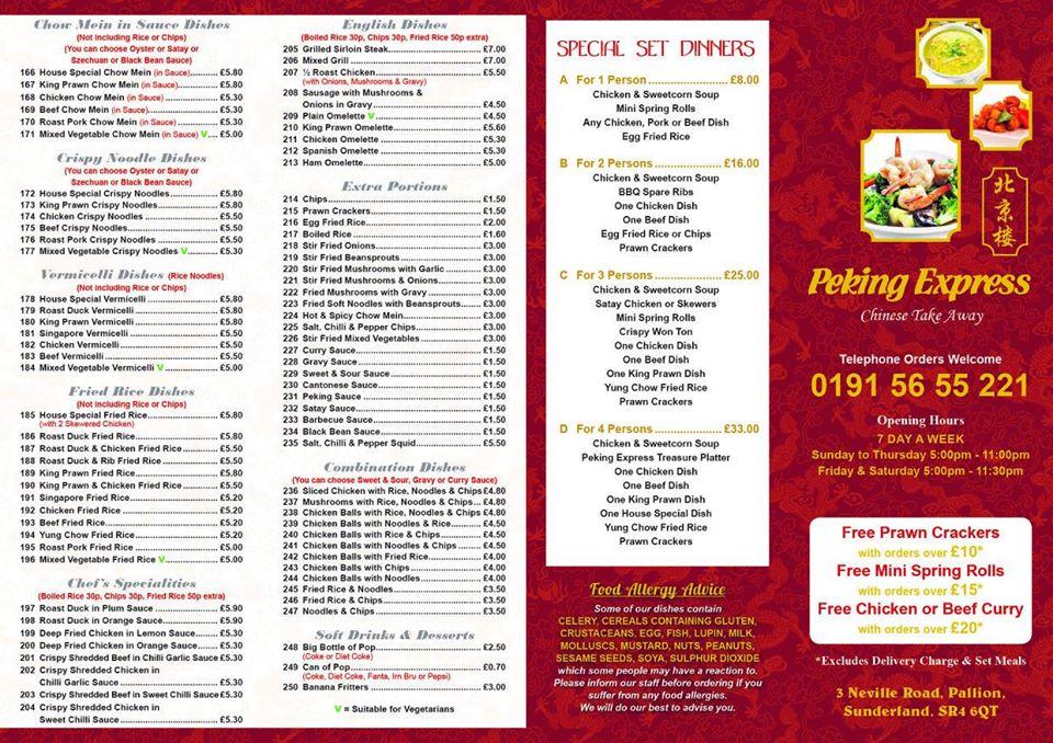 Menu at Peking Express restaurant, Sunderland