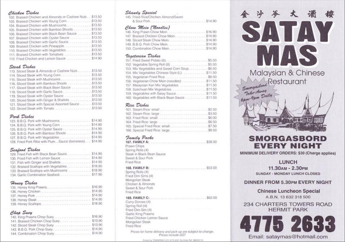 Menu at Satay Mas restaurant, Hermit Park