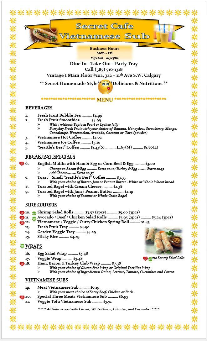 Menu at Secret Cafe Vietnamese Sub, Calgary