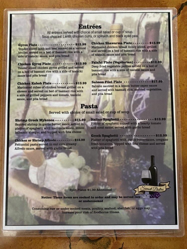 Menu at Sunset Bistro restaurant, Sun City, N 99th Ave