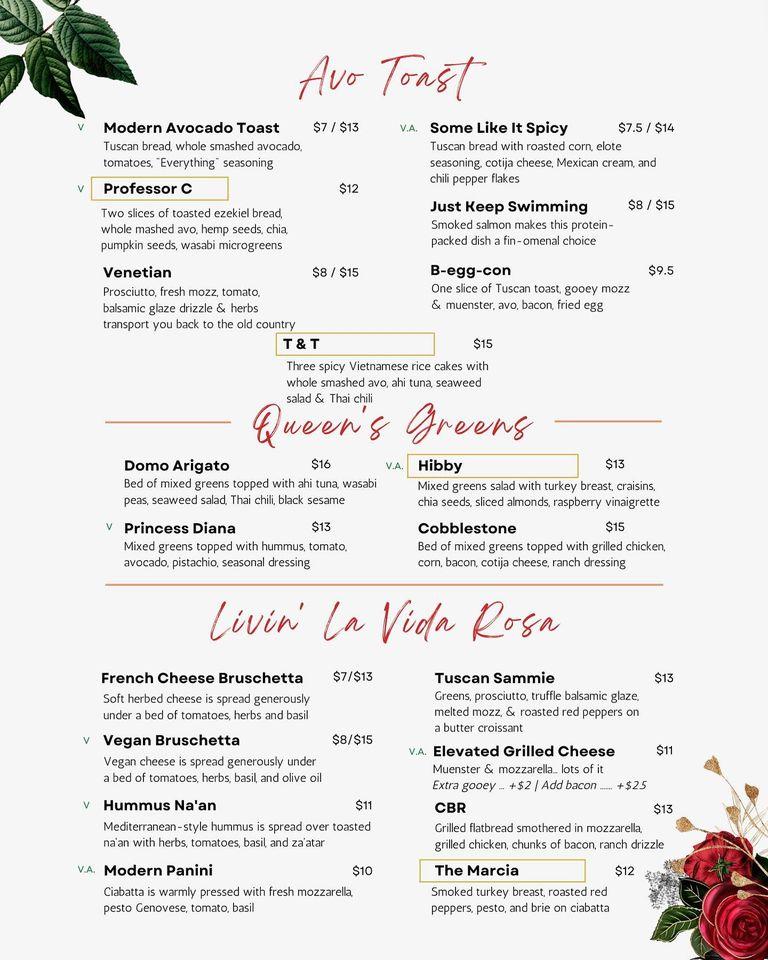 Menu at The Modern Rose coffee house, Deerfield Beach