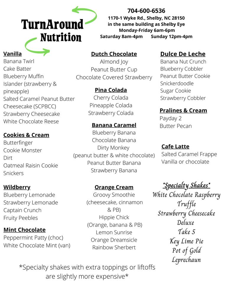 Menu at Turnaround Nutrition- HerbalifeMLM pub & bar, Shelby