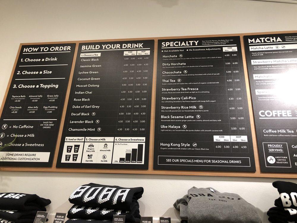 Menu at Boba Guys restaurant, Palo Alto