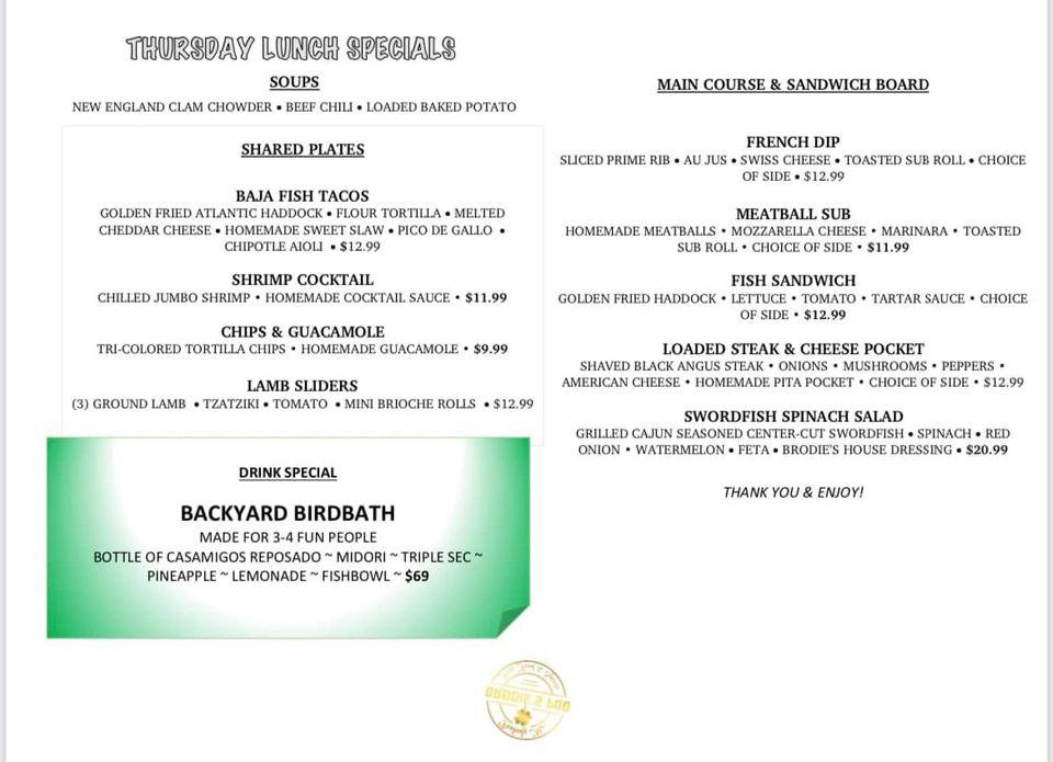 Menu at Brodie's Pub, Peabody