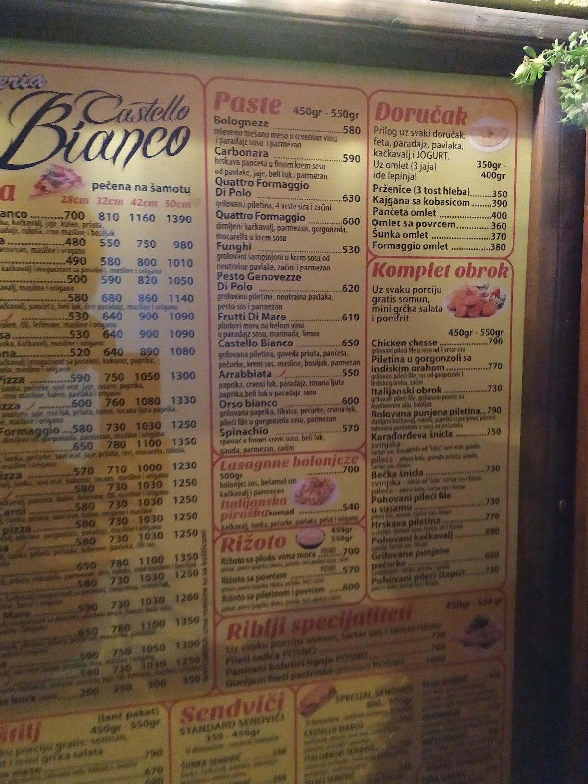 Menu at Castello Bianco restaurant, Belgrade