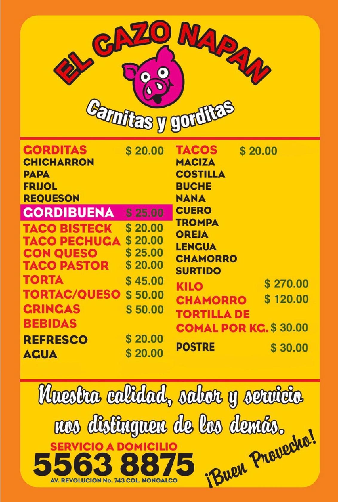 Carta del restaurante El Cazo Napan, Ciudad del México