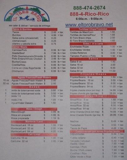Menu at El Toro Bravo Tortilleria restaurant, Costa Mesa, 745 W 19th St ...