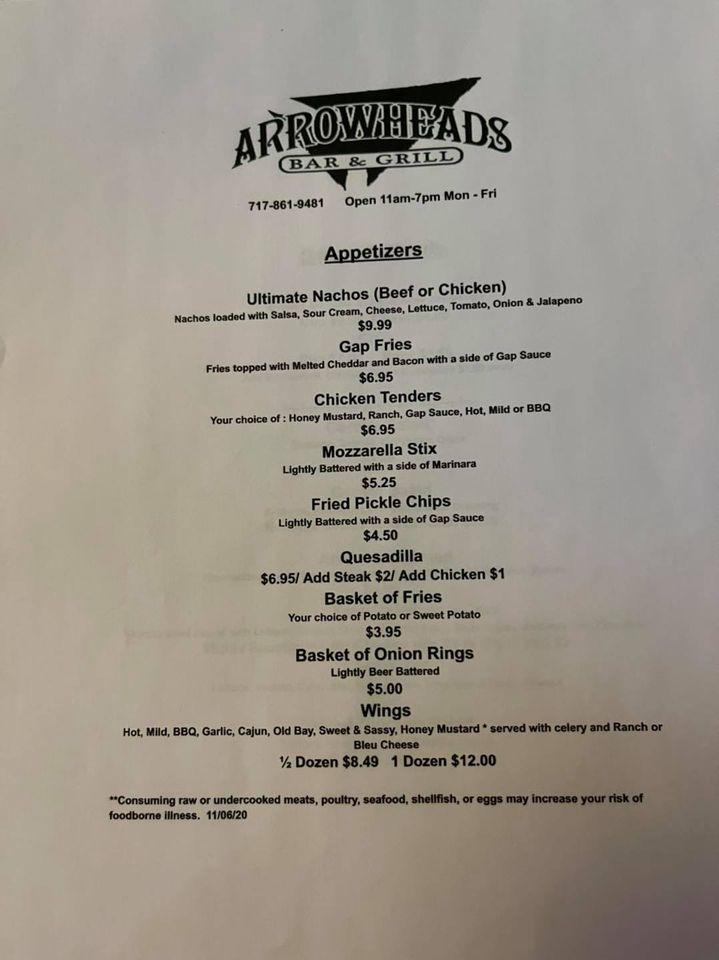 Menu at Arrow Heads Bar & Grill, Fort Indiantown Gap