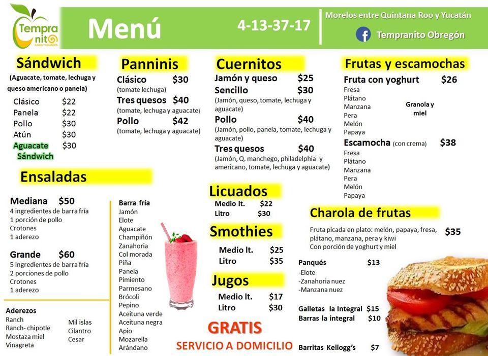 Carta del pub y bar JUGOS Y Licuados Tempranito, Ciudad Obregón