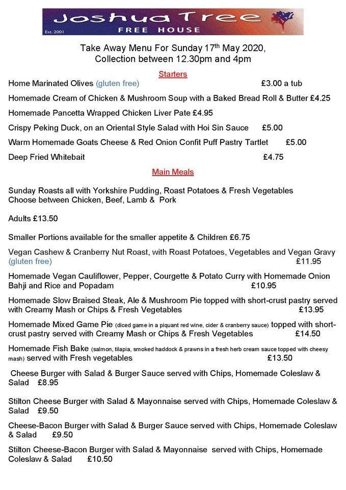 Menu at The Joshua Tree restaurant, Redhill