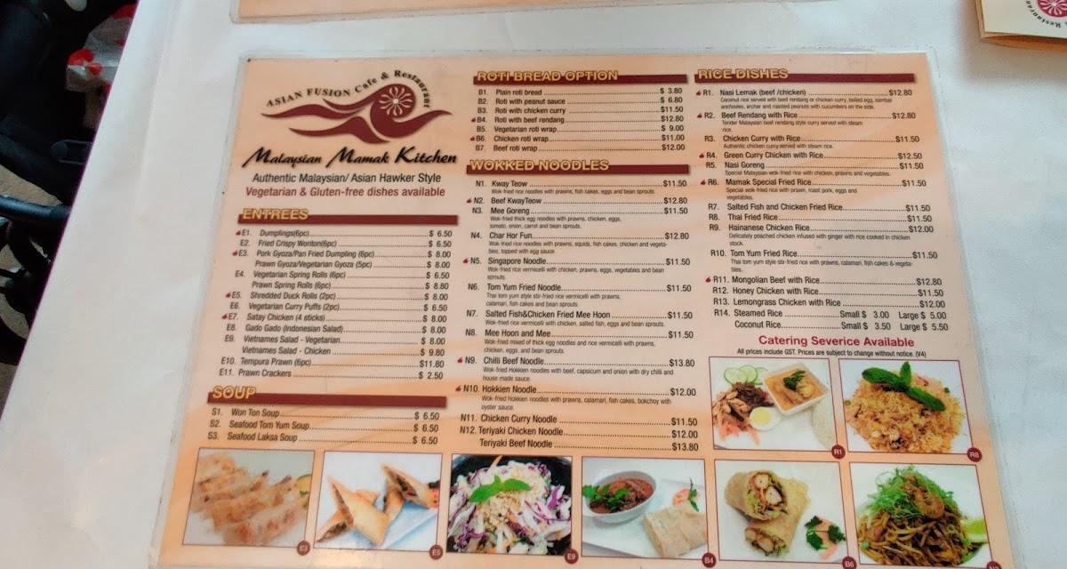 Menu at Malaysian Mamak Kitchen restaurant, Strathmore