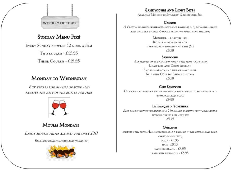 Menu at The Old White Horse Brasserie restaurant, Bingley