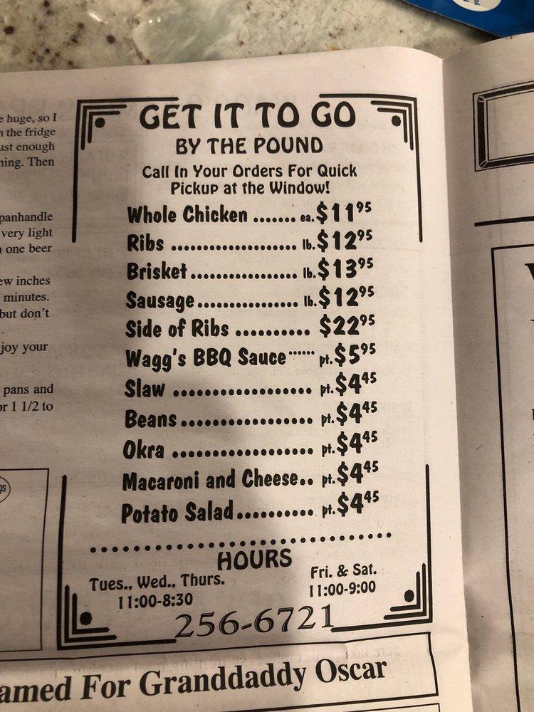 Menu at Wagg's Bar-B-Q, Woodward