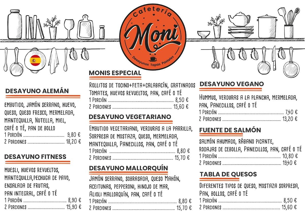 Menu at Cafeteria Moni, Porto Cristo