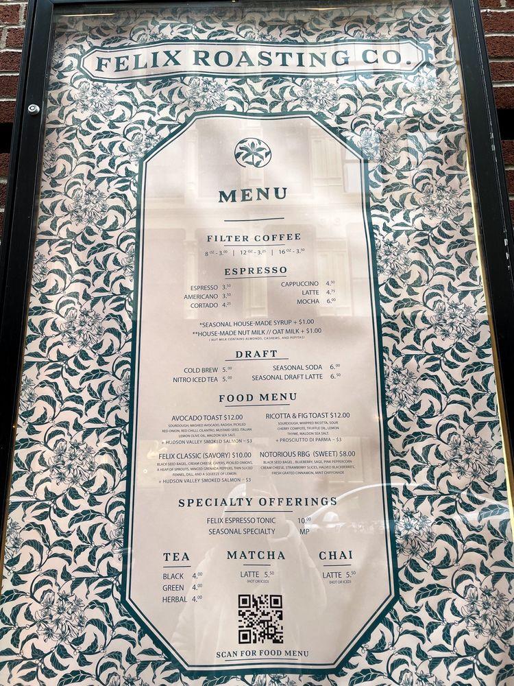 Menu at Felix Roasting Co. cafe, New York City, 104 Greene St