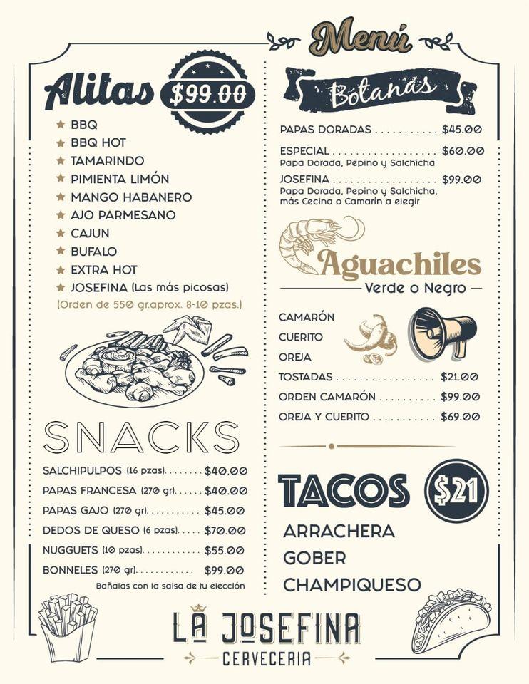 Menu at La Josefina Cervecería pub & bar, Guadalajara