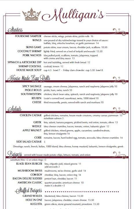 Menu at Mulligan's Pub & Grill, Traverse City