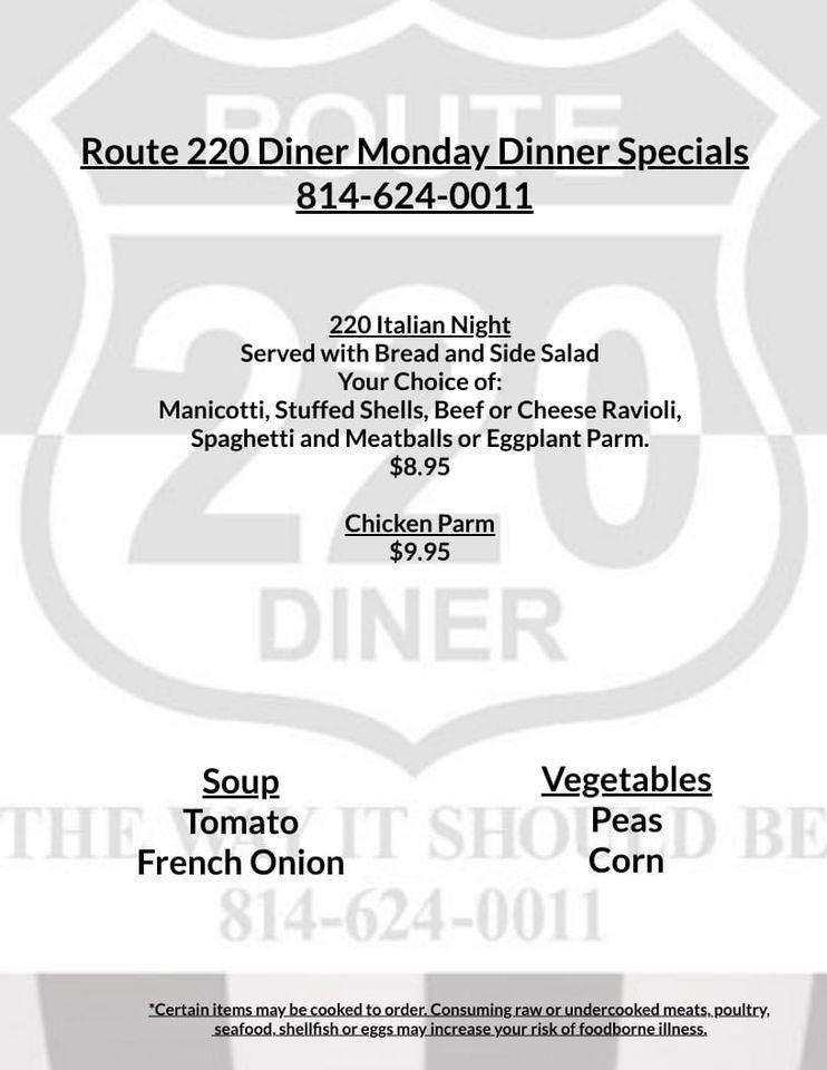 Route 220 Diner, 4292 US-220 BUS in Bedford - Restaurant menu and reviews
