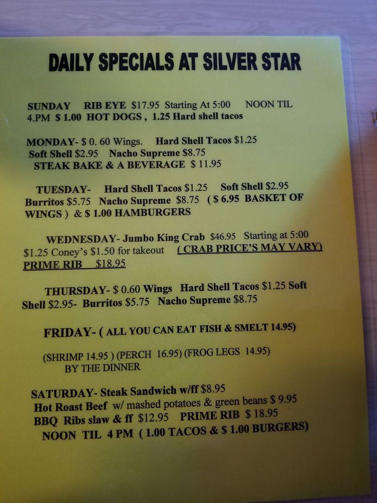 Menu at Silver star bar, Maybee