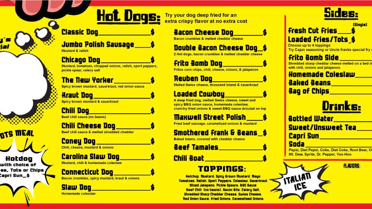 Menu at Uncle Franks Hot Dogs restaurant, North Port, Toledo Blade Blvd
