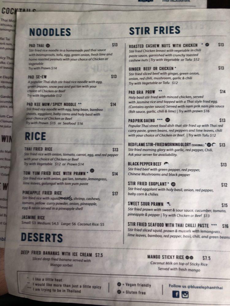Menu at Blue Elephant Thai Restaurant, Bedford