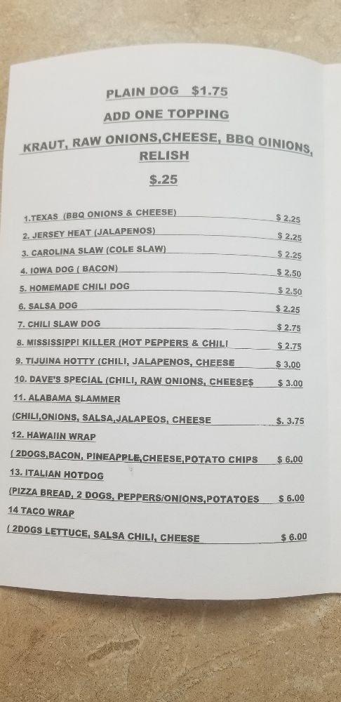Menu at Dave's Hot Dogs restaurant, South Amboy, 323 S Pine Ave