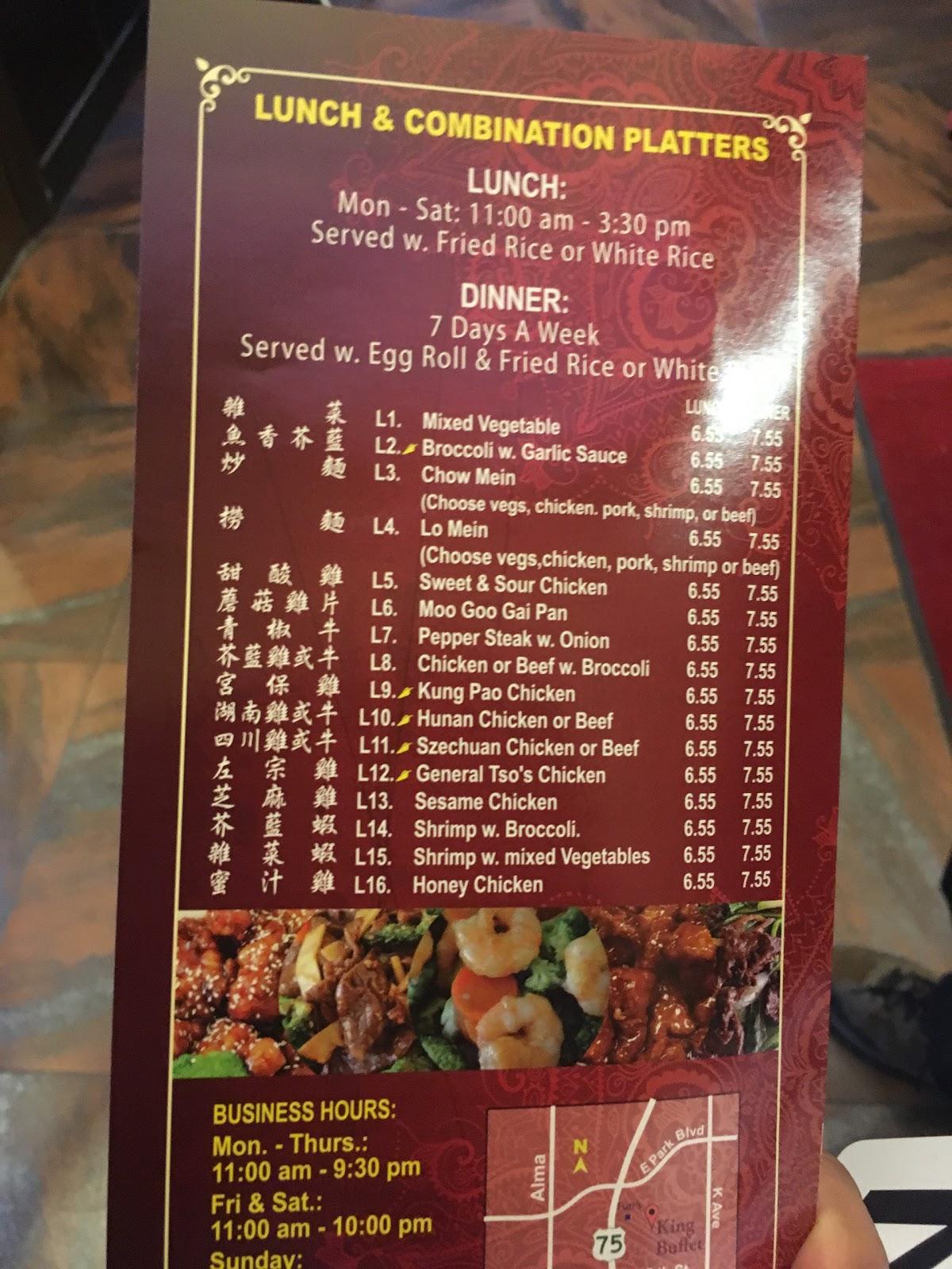 Menu at King Buffet restaurant, Plano