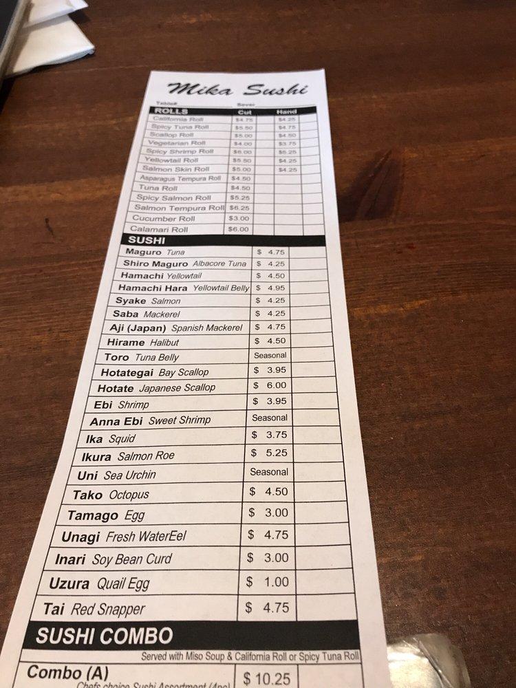 Menu at Mika Sushi restaurant, Camarillo