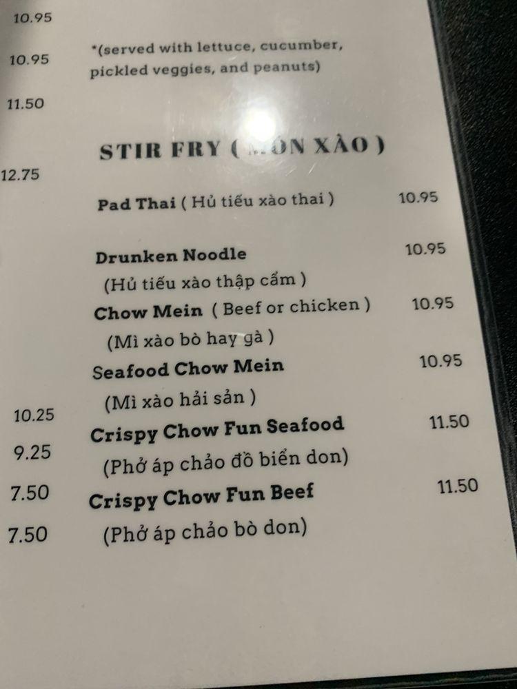 Menu at Pho Luc Lac restaurant, San Jose
