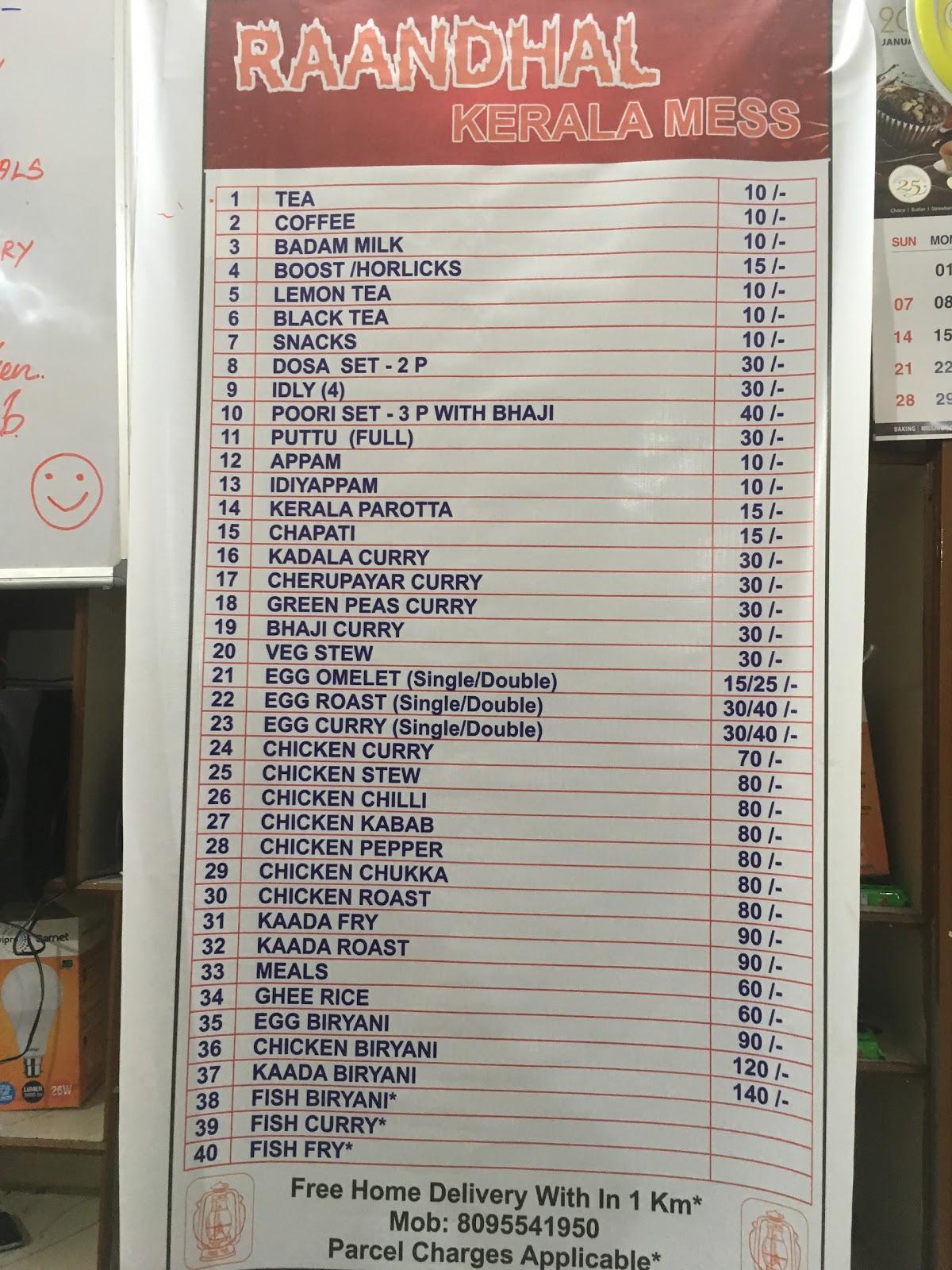 Menu at Raandhal Kerala Mess, Bengaluru