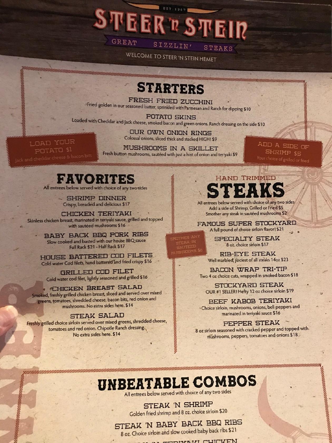 Menu at Steer 'n Stein Restaurant, Hemet