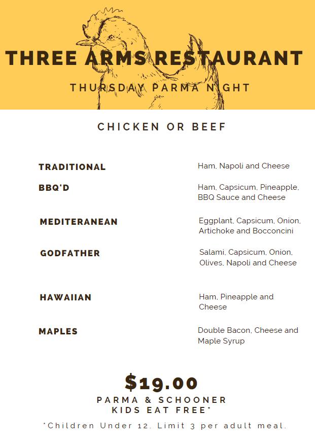 Menu at Three Arms pub & bar, Swan Hill
