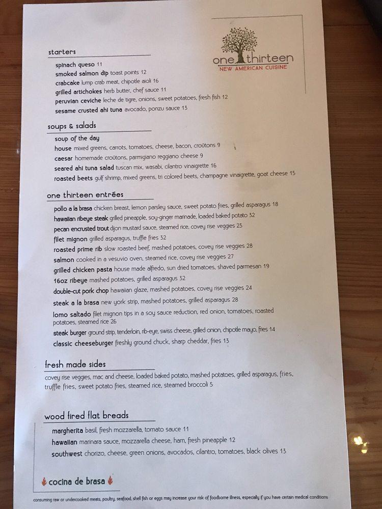 Menu at one thirteen restaurant, Hammond