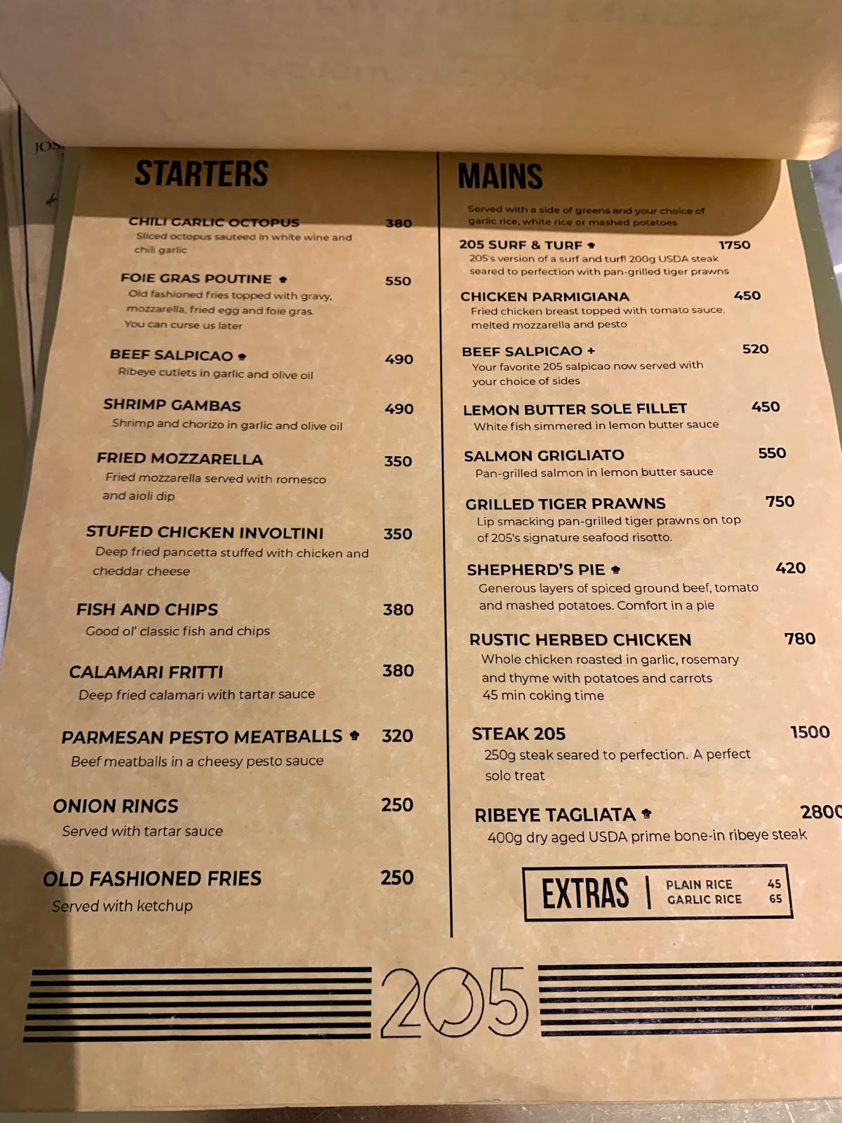 Menu at 205 BGC restaurant, Taguig