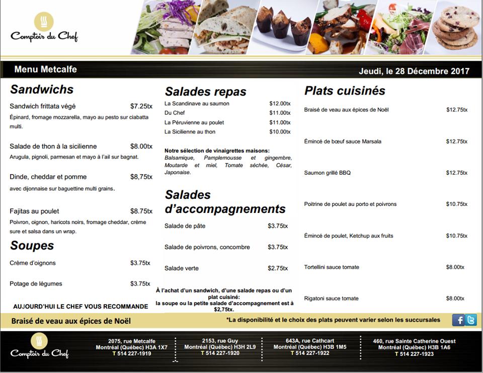 Menu at Comptoir du chef restaurant, Montreal, Metcalfe St