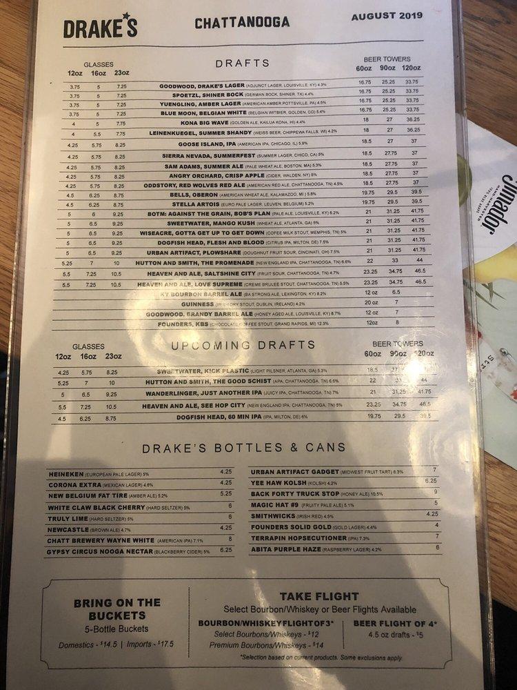 Menu at Drake's Chattanooga restaurant, Chattanooga