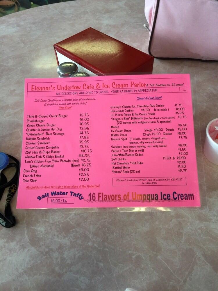 Menu at Eleanor's Undertow Takeout restaurant, Lincoln City