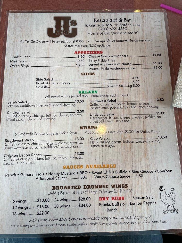 Menu at JJ’s Bird's Nest pub & bar, Garrison