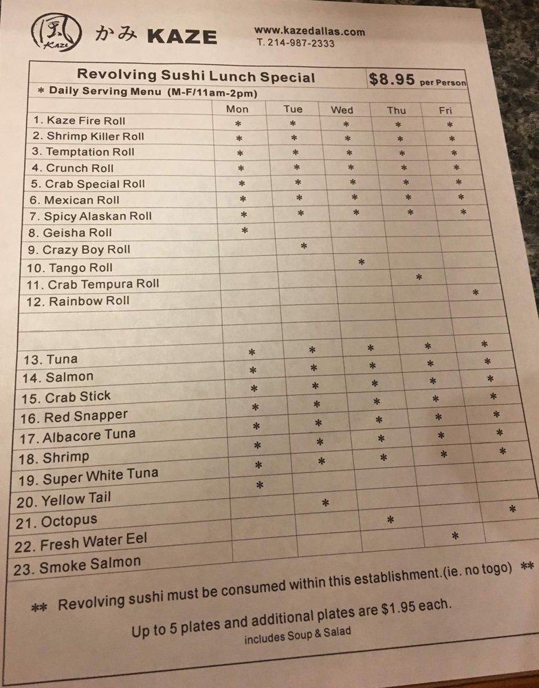 Menu at Kaze Japanese Restaurant, Dallas, Greenville Ave