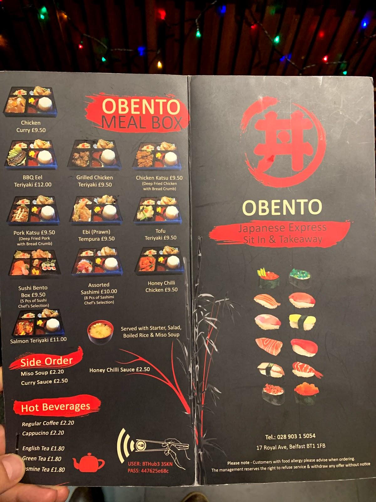 Menu at Obento restaurant, Belfast