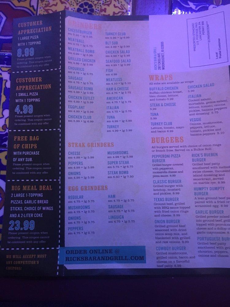 Menu at Rick's Bar and Grill, Woonsocket
