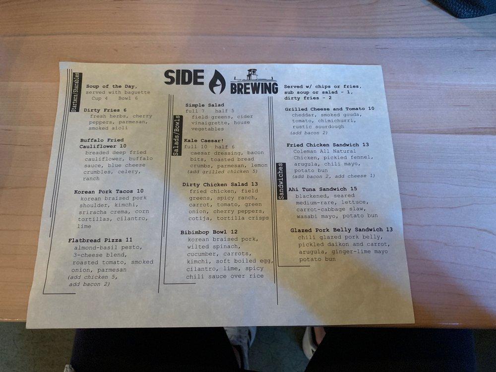 Menu at Side A Brewing pub & bar, La Grande, Washington Ave