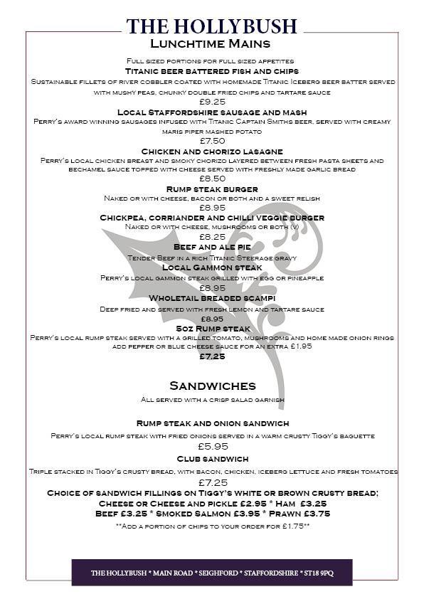 Menu at The Hollybush pub & bar, England, 22 Holly Mount
